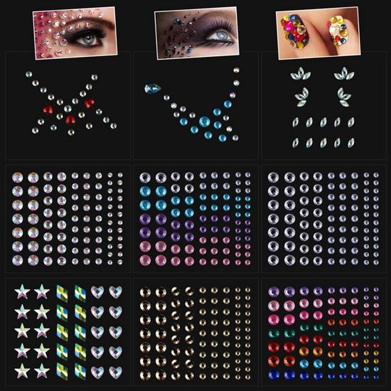 9 Feuilles Oeil Corps Visage Gemmes Strass Autocollant visage Bijoux ...