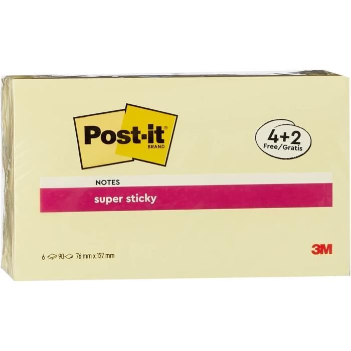 Notes Post-it Super Sticky, Couleur Jaune Canari, 76 mm x 127 mm, 90 ...