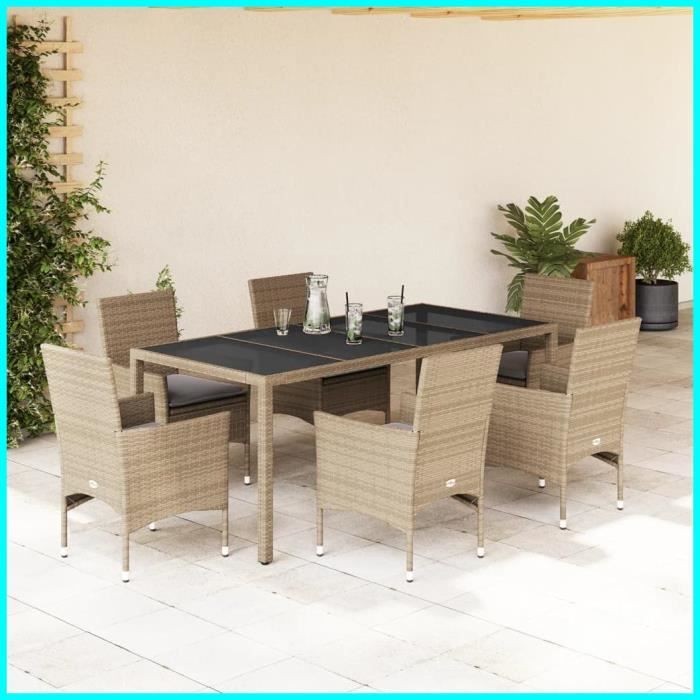 DXBK Ensemble à manger de jardin et coussins 7 pcs beige rotin verre ...