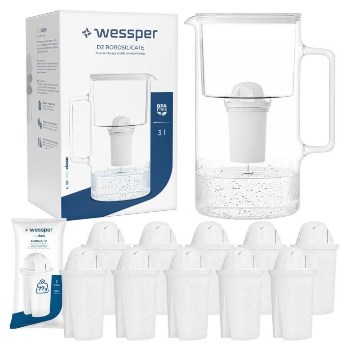 Wessper Carafe Filtrante en Verre + 11 cartouche, Carafe d'eau Capacité ...