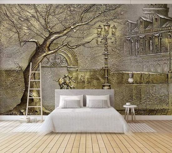 Papier Peint Panoramique Grand Arbre Rue Vue Relief Or Tapisserie ...
