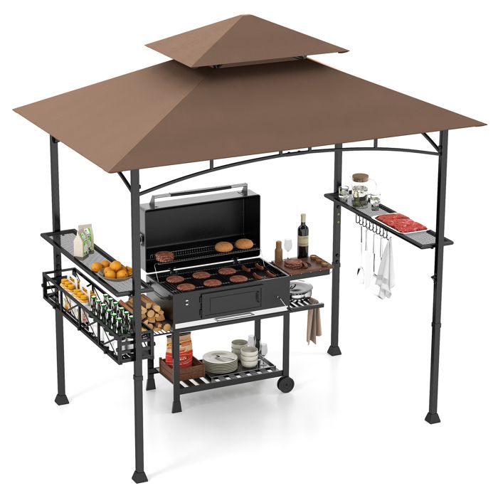 Tonnelle de Barbecue 242x153cm COSTWAY-Toit 2 Niveaux-2 Etagères ...