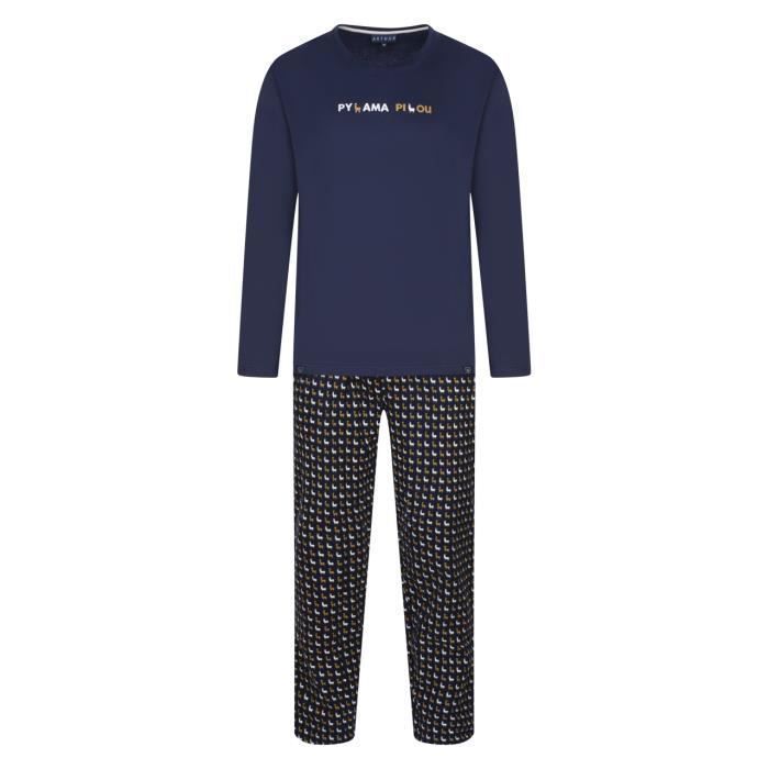 Pyjama long coton - ARTHUR - bleu - manches longues - taille élastiquée ...