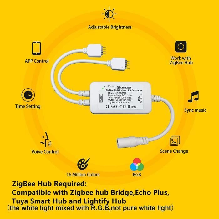 ZigBee 20m Smart LED Strip Lights Dimmable RGB Kit Fonctionne avec Hub ...