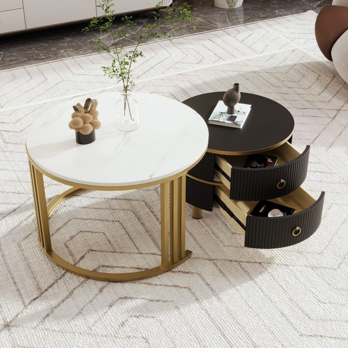 Table basse gigogne ronde noire + table d'appoint imitation marbre-avec ...