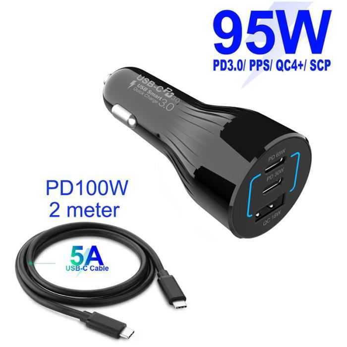 95W-(100W)Câble-2m--Tcalls-Chargeur de voiture Q95 W 3 ports USB C, charge super rapide PPS PD ...