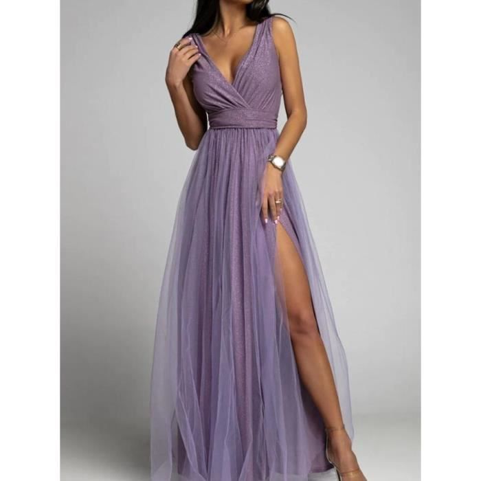 Robe femme sexy col en V taille fine fente robe trapèze - Violet ...