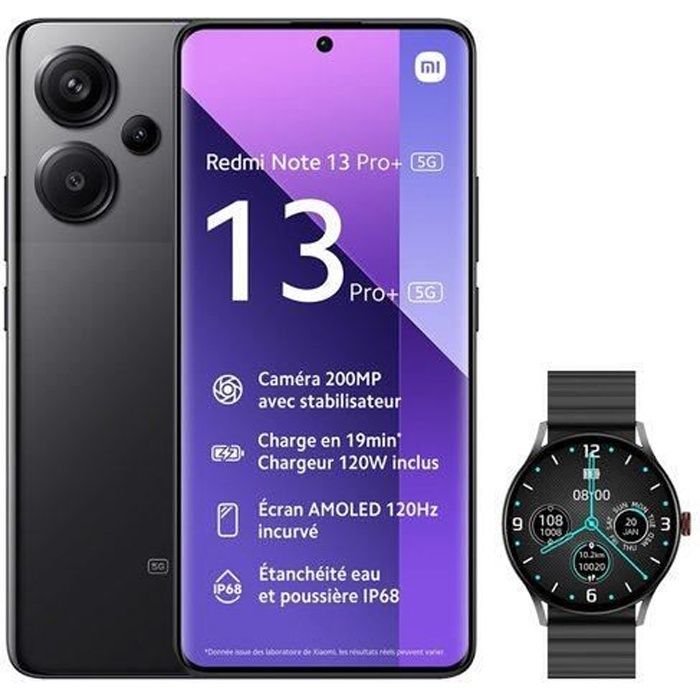 Smartphone XIAOMI Redmi Note 13 Pro+ 5G 8Go 256Go Noir Avec Montre Connectée Smart Watch ...