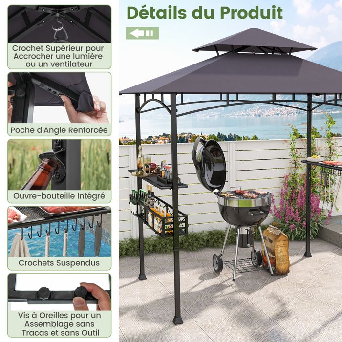 Tonnelle de Barbecue 242x153cm COSTWAY-Toit 2 Niveaux-2 Etagères ...