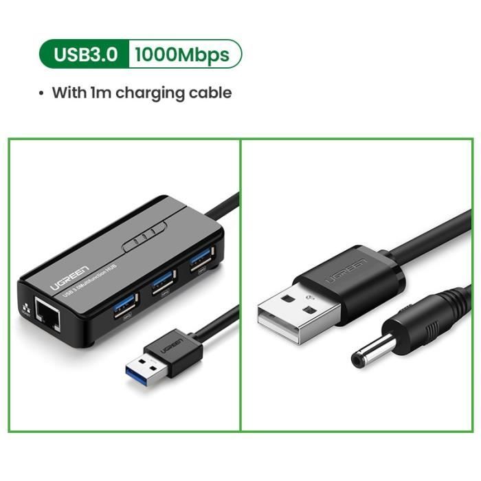 USB3.0 avec câble CC - HUB USB 3.0 vers RJ45, adaptateur Ethernet, pour ...