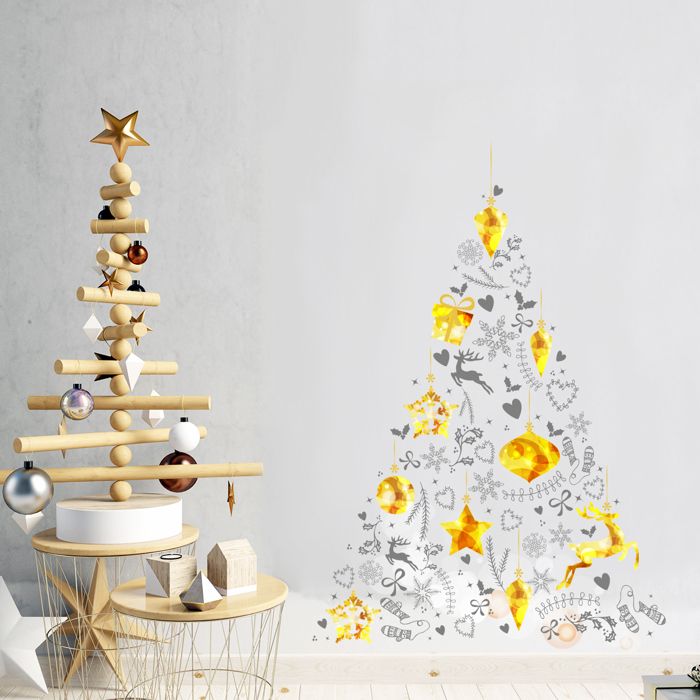 Sticker Noël - Autocollants - Sapin doré et gris - 85x60cm - Décoration ...