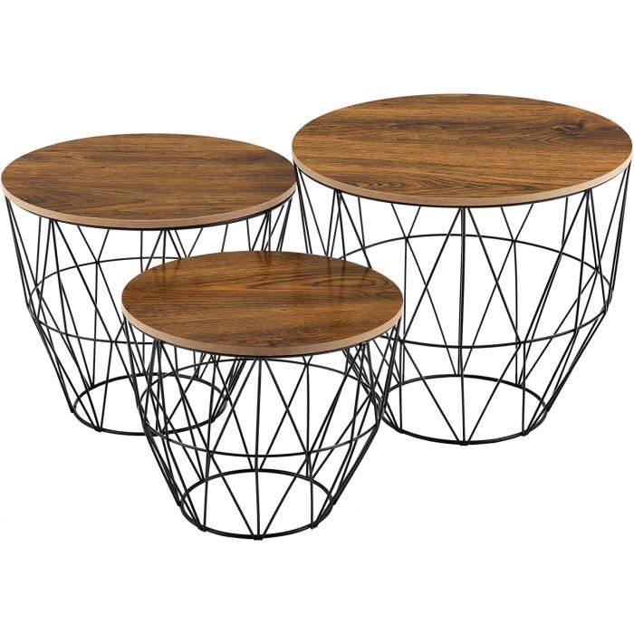 WEYE-Set de 3 Paniers Tables Gigognes Tables Basses Métal et MDF Chêne ...
