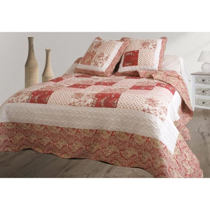 Couvre-lit boutis + 2 taies - 2 personnes - 230x250 - Patchwork rouge - Cdiscount Maison