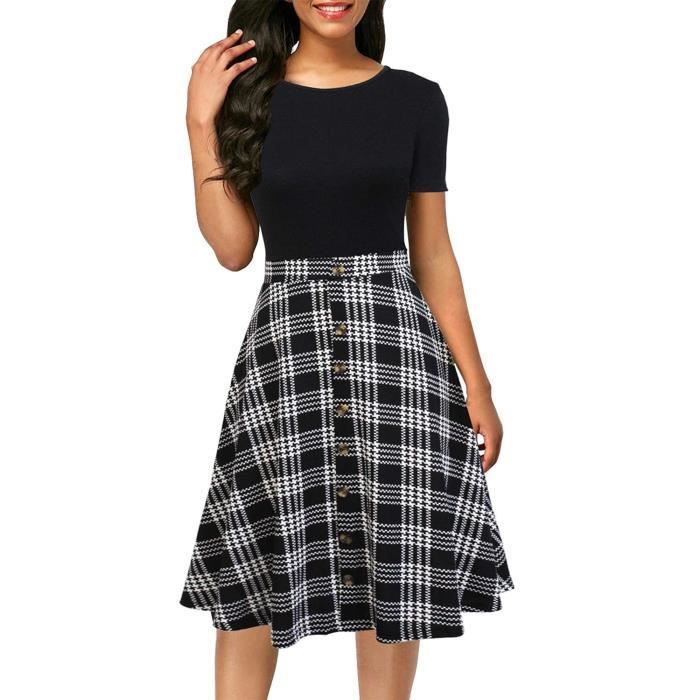 Robe A6LZ1 Manches courtes Colorblock boutonné mi-longues évasées A ...