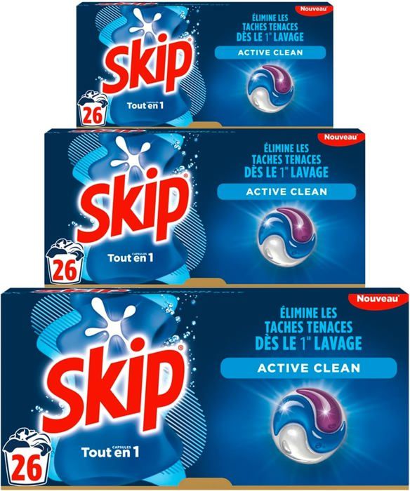78 lavages - Capsules 3en1 SKIP Lessive Active Clean (Lot de 3x26 ...