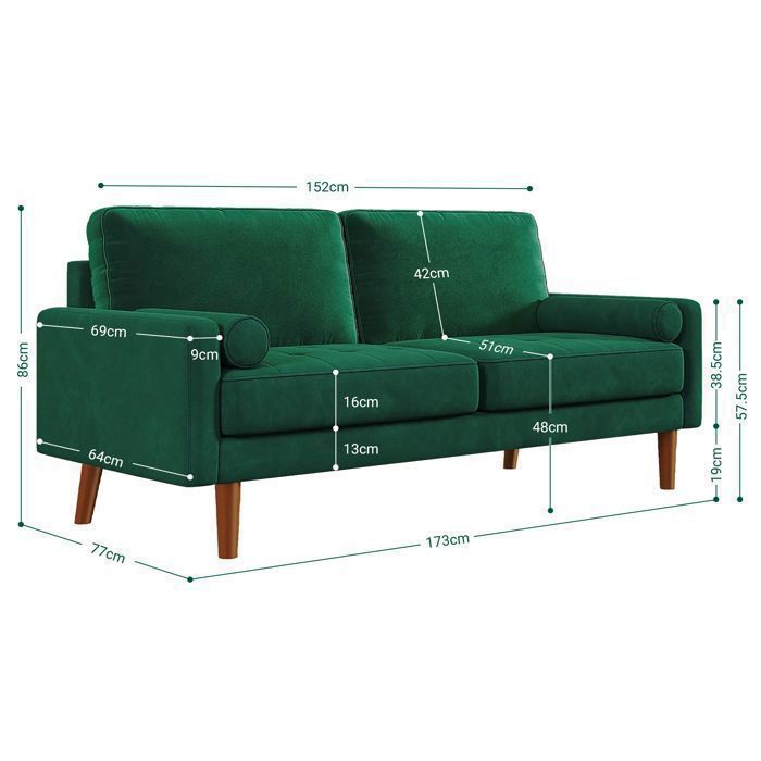 Canapé 3 Places en Velours Vert,Canapé Scandinave doux et confortable ...