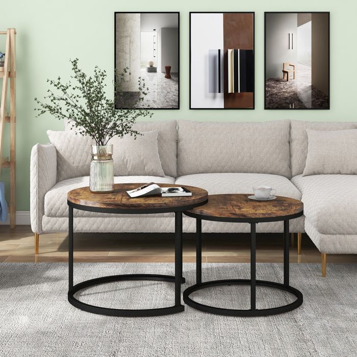 Set 2 Tables Basses Rondes Encastrables - Salon/appoint - Design Brun ...