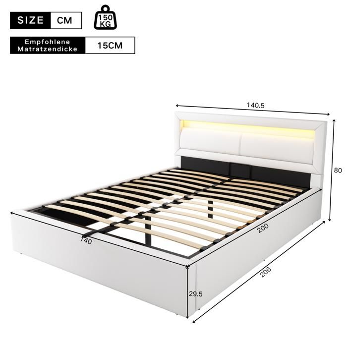 Lit adulte 140x200 lit coffre rangement LED tête de lit rembourrée ...