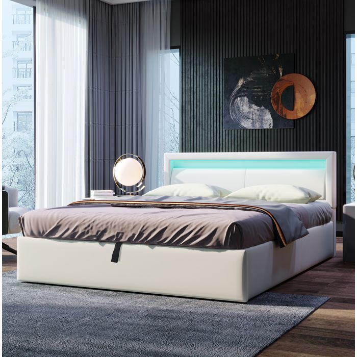 Lit adulte 140x200 lit coffre rangement LED tête de lit rembourrée ...