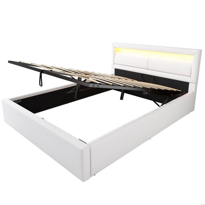 Lit adulte 140x200 lit coffre rangement LED tête de lit rembourrée ...