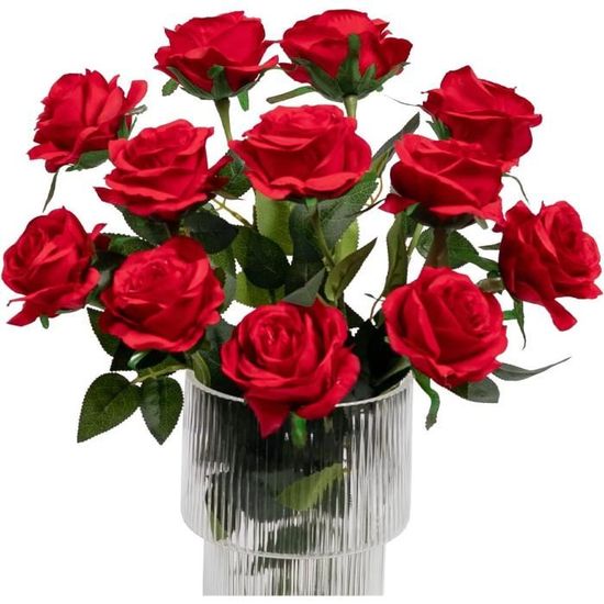 12 Pcs Roses Fleurs Artificielles Réaliste Seule Tige Fleurs Soie Rose ...
