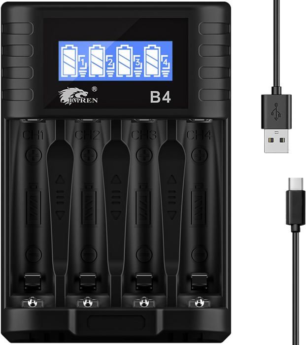 AA AAA Chargeur de Piles, 4 Slots pour 1.5V Li-ION 1.2V NiMH/NiCD AA ...
