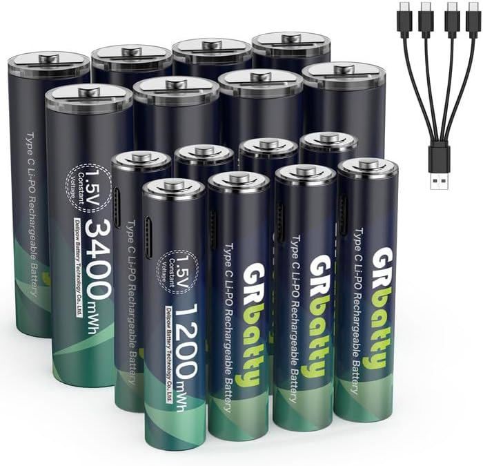 GRbatty 1,5V Pile AA Rechargeable USB C Lithium 3400mWh 8PCS et Pile ...