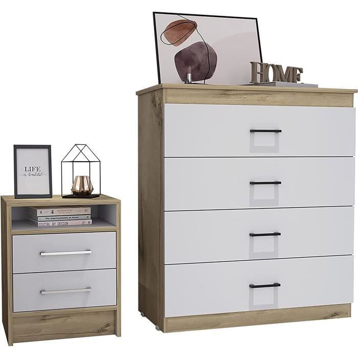 Ensemble Eter, table de chevet + commode 4 tiroirs[47] - Cdiscount Maison