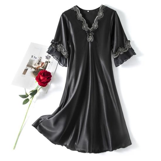 Pyjama Femme Robe de nuit Simili Soie Col V Dentelle Sexy Printemps été ...