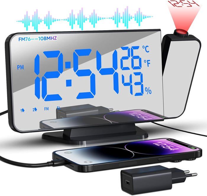 Reveil Projecteur Plafond 180° Radio Reveil Projecteur Plafond avec FM ...