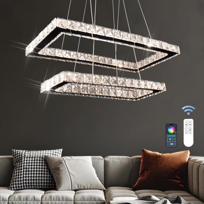 Lustres En Cristal Modernes Avec Télécommande, LED Dimmable 2 Anneaux Lustre En Cristal ...