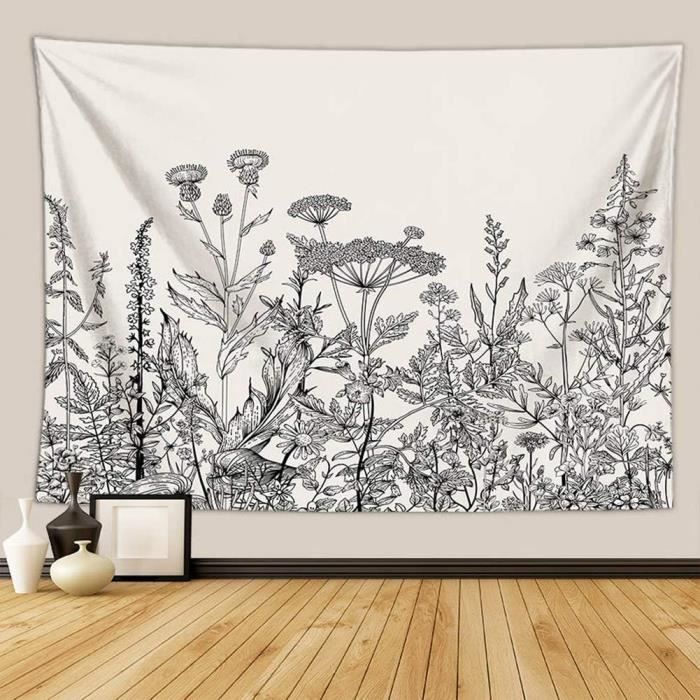 Plante Florale Tentures Abstrait Noir Et Blanc Fleurs Sauvages Tentures Tapisserie Paysage La ...