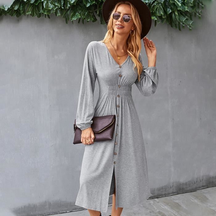 Robe Femme Ete Bohème Sexy Col En V Chic Elegant Manches Longues Gris