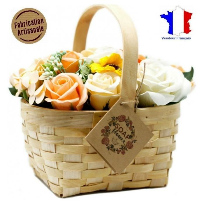 Bouquet Fleur de savon avec Panier en Osier. Fleurs orange. Joie d ...