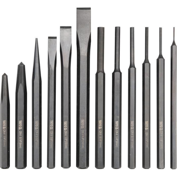 Jeu de burins, pointeaux, poinçons - YATO - Acier trempé - 12 pièces ...