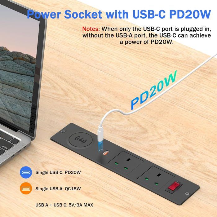 Multiprise encastrée avec USB C PD20W prise d'alimentation de bureau ...