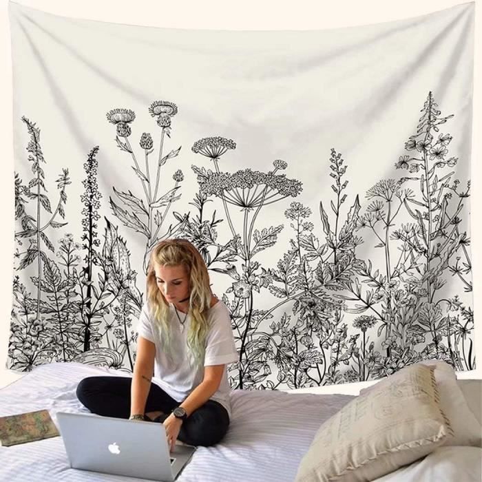 Plante Florale Tentures Abstrait Noir Et Blanc Fleurs Sauvages Tentures Tapisserie Paysage La ...