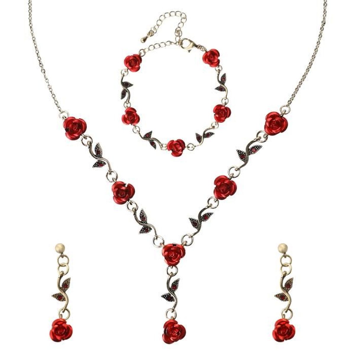 Parure de bijoux romantiques avec 3 pendentifs en forme de roses rouges ...