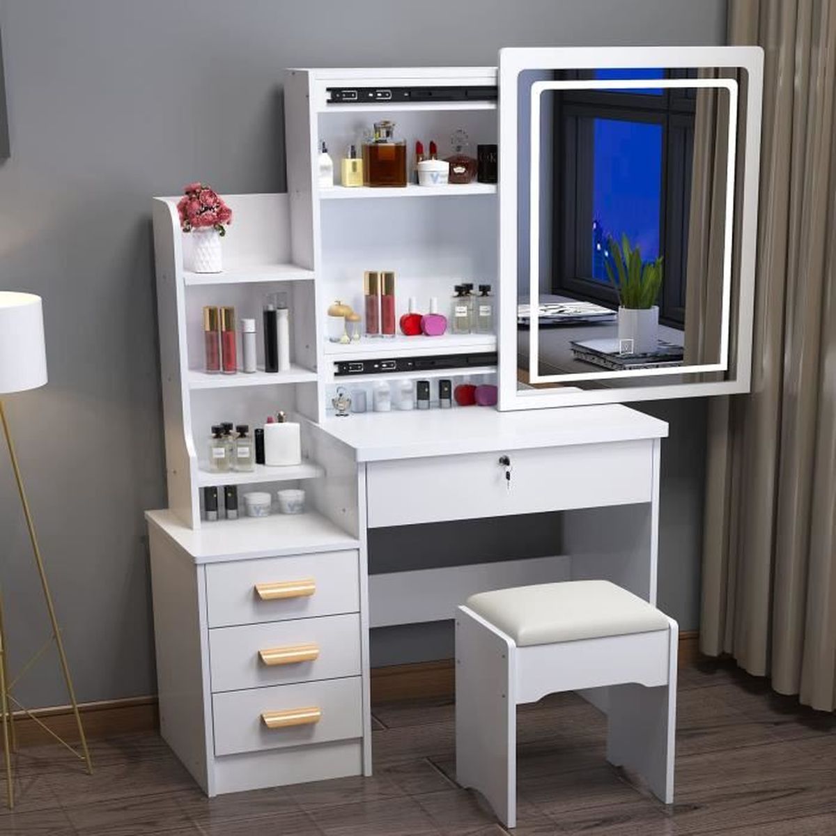 Coiffeuse, Coiffeuse LED avec Miroir Coulissant et Tabouret, Table de ...