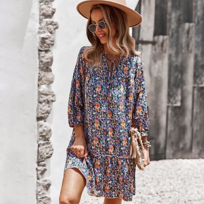 Robe Femme Ete Bohème Col En V Sexy Chic Elegant Manches Longues Bleu