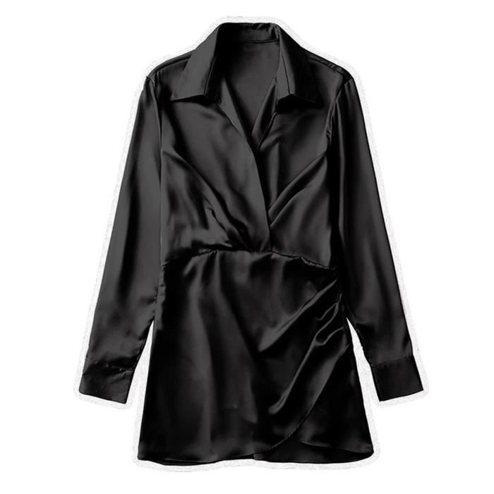 Robe,Mini robe en Satin Vintage à col en V et manches longues pour ...