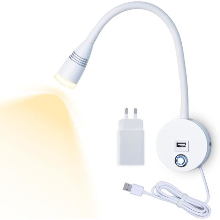 Lampe De Lecture Murale Led Applique Liseuse Col De Cygne Flexible 3W Dimmable Interrupteur ...