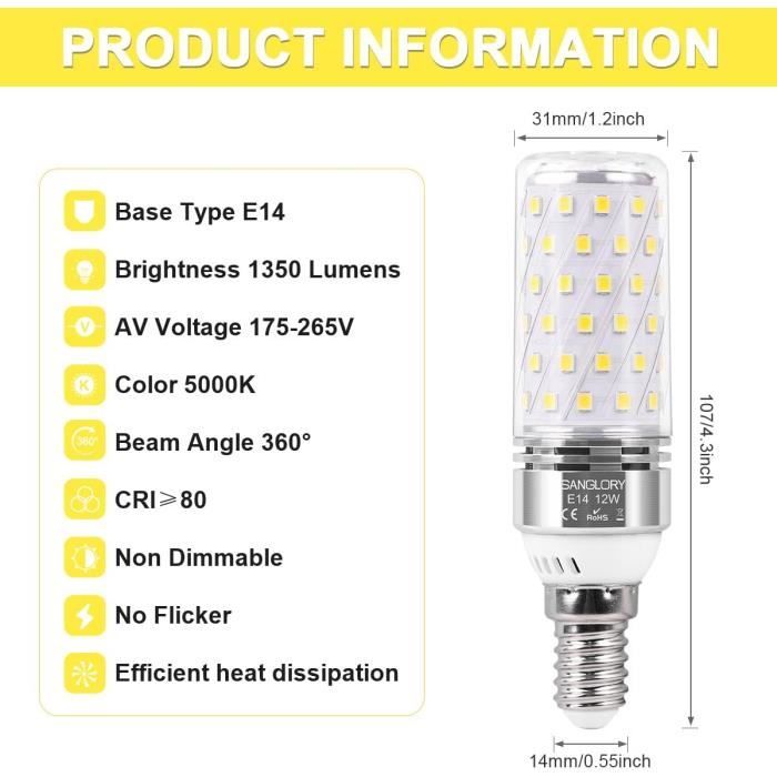 Ampoules Led E14 12W Équivaut Incandescence À 100W, Ampoules Led A Vis E14, Lumière Du Jour ...