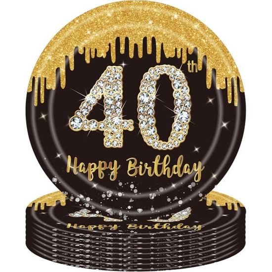 Lot De 16 Assiettes En Carton Pour 40E Anniversaire Noir-Doré 23 Cm ...