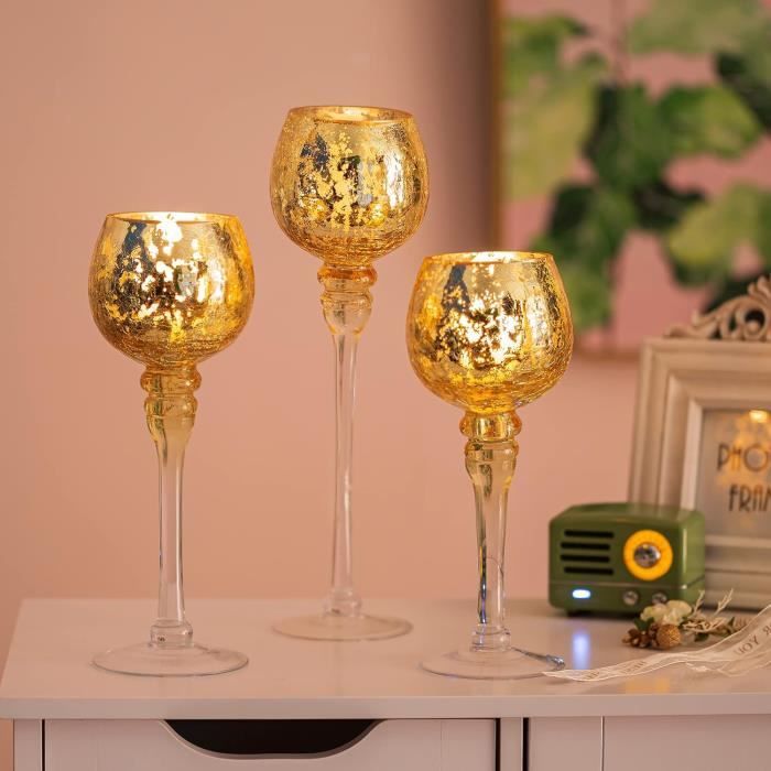 Lot De 3 Photophores En Verre Doré - Bougeoirs Décoratifs Mercure - 23,5-25,5-31,5 Cm - Pour ...