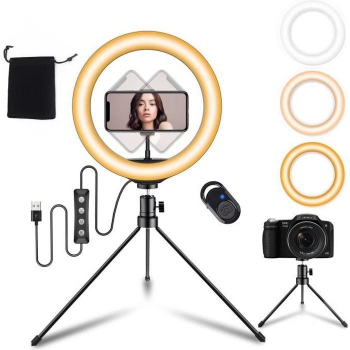 JEEMAK - 10" LED Ring Light avec Trépied et Télécommande - 3 Modes et ...