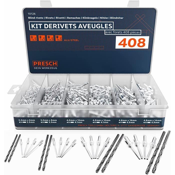 Presch Kit de rivets aveugles 408 pièces avec forets HSS - Lot de 400 ...