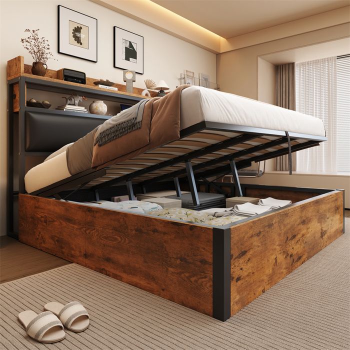 Lit Double avec Ports USB, Lit Coffre 180x200 avec Sommier et Rangement ...