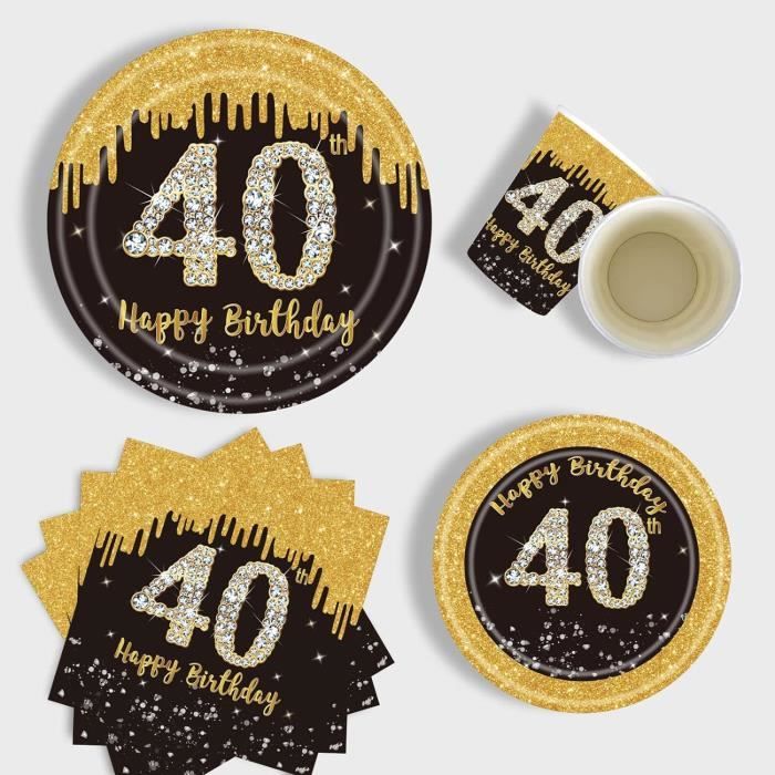 Lot De 16 Assiettes En Carton Pour 40E Anniversaire Noir-Doré 23 Cm ...