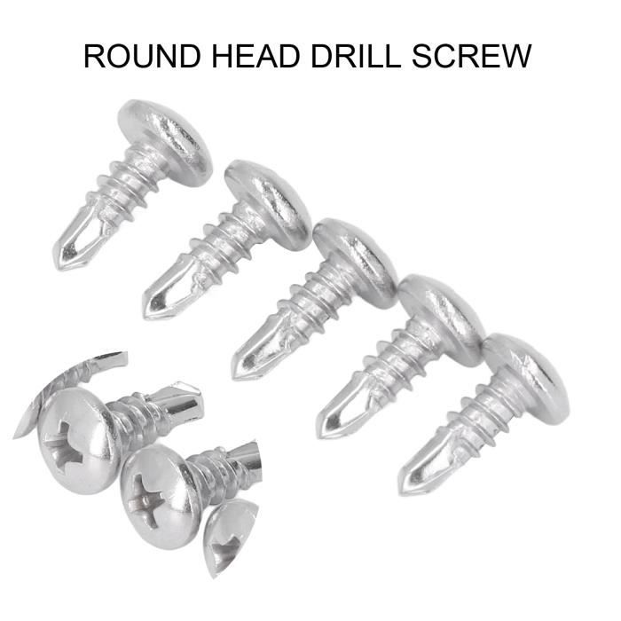 Vis perceuse à tête ronde - 200 pcs vis autoperceuses 304 acier inoxydable tête ronde perceuse ...